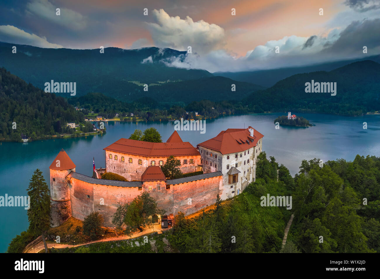Bled, Slovenia - Aerial view of beautiful illuminated Bled Castle ...