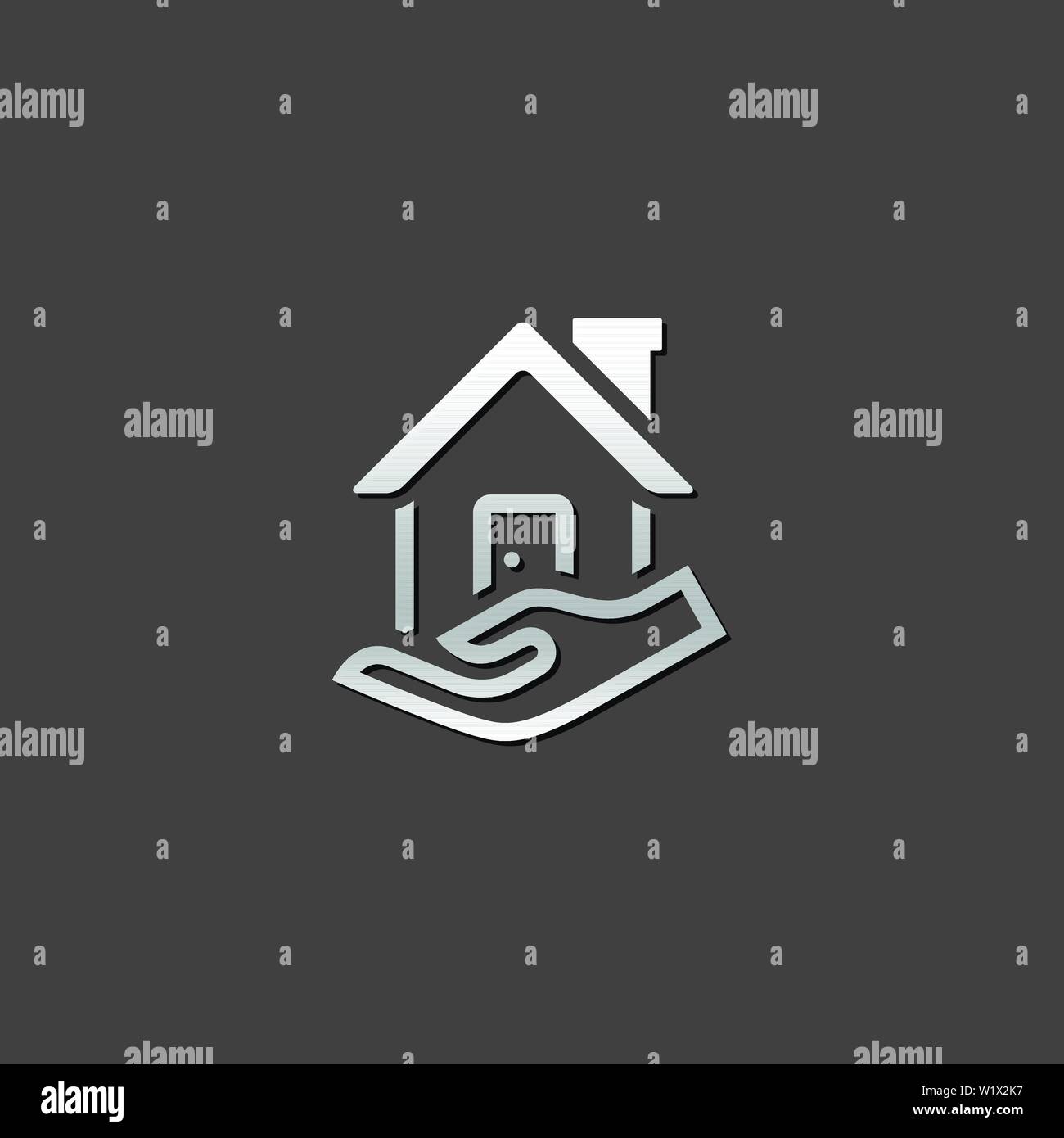 Property care icon in metallic grey color style. House human hand palm ...