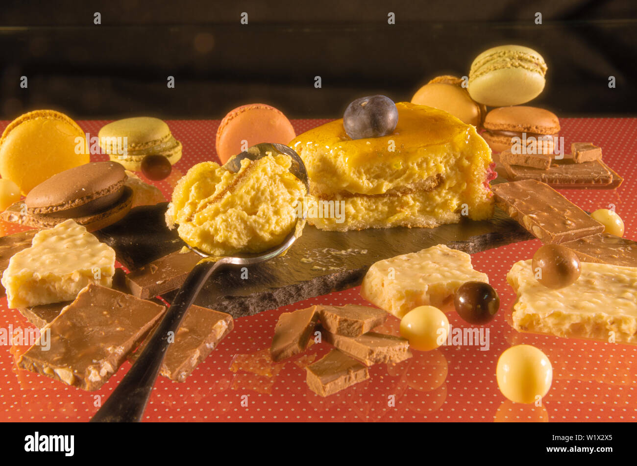 Tasty and beautiful dessert, different types of chocolate and macaroons ...