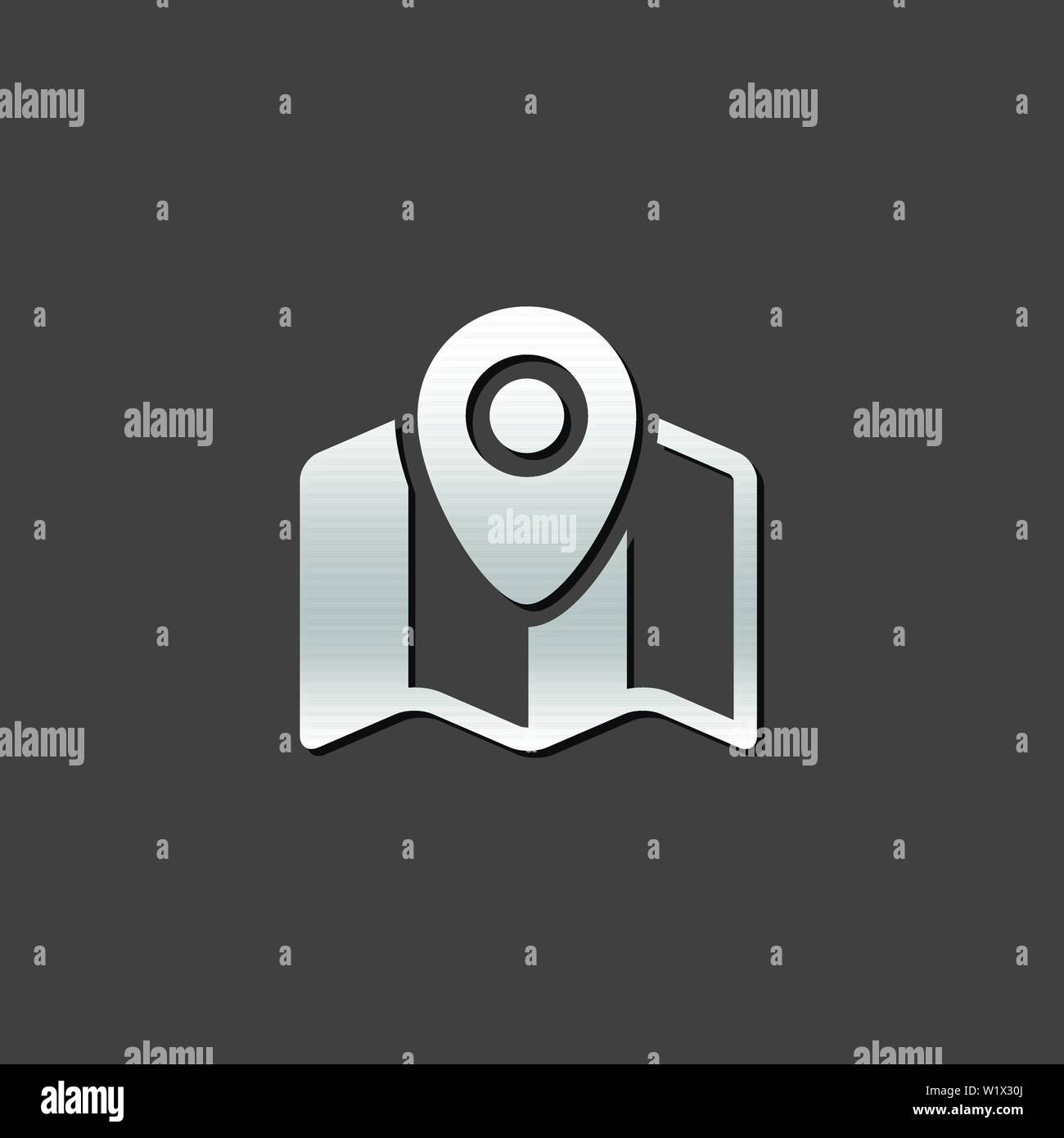 Road map icon with pin location in metallic grey color style Stock ...