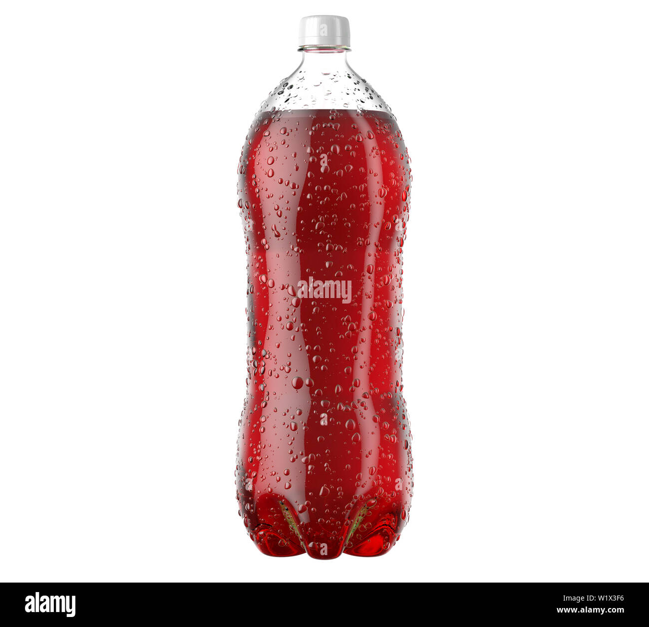 An irregular shaped plastic two liter red soda bottle with condensation ...