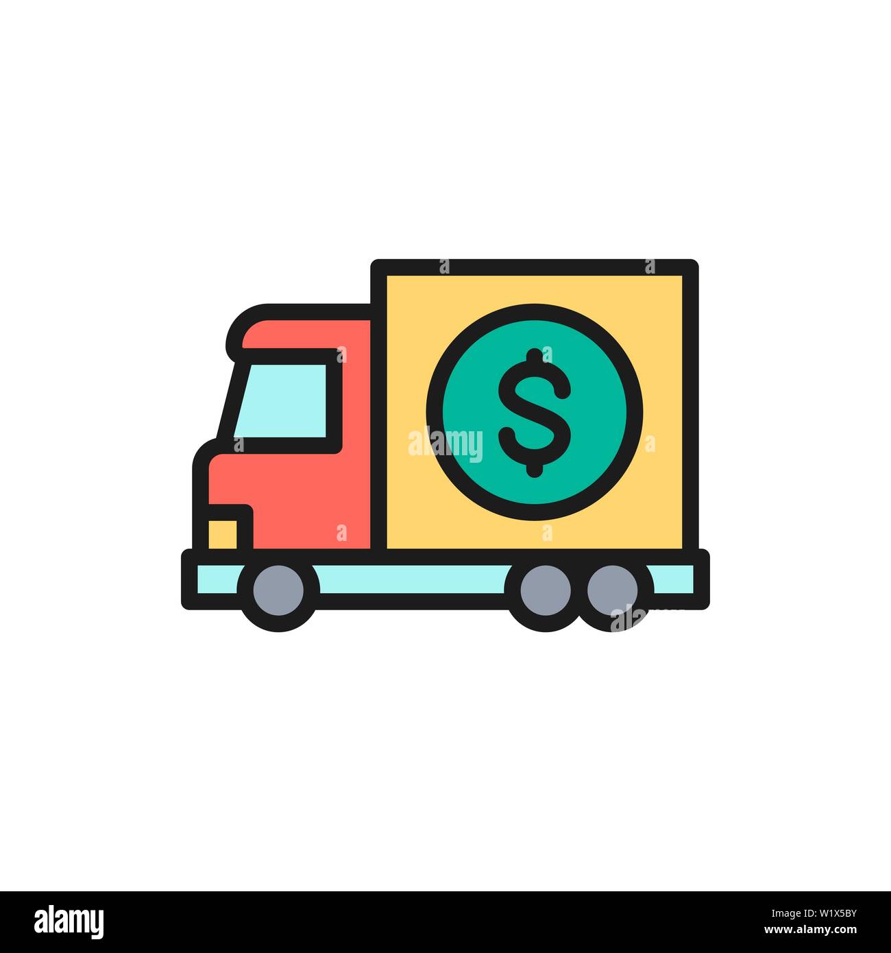Vector money truck, transfer cash, banking car flat color line icon ...