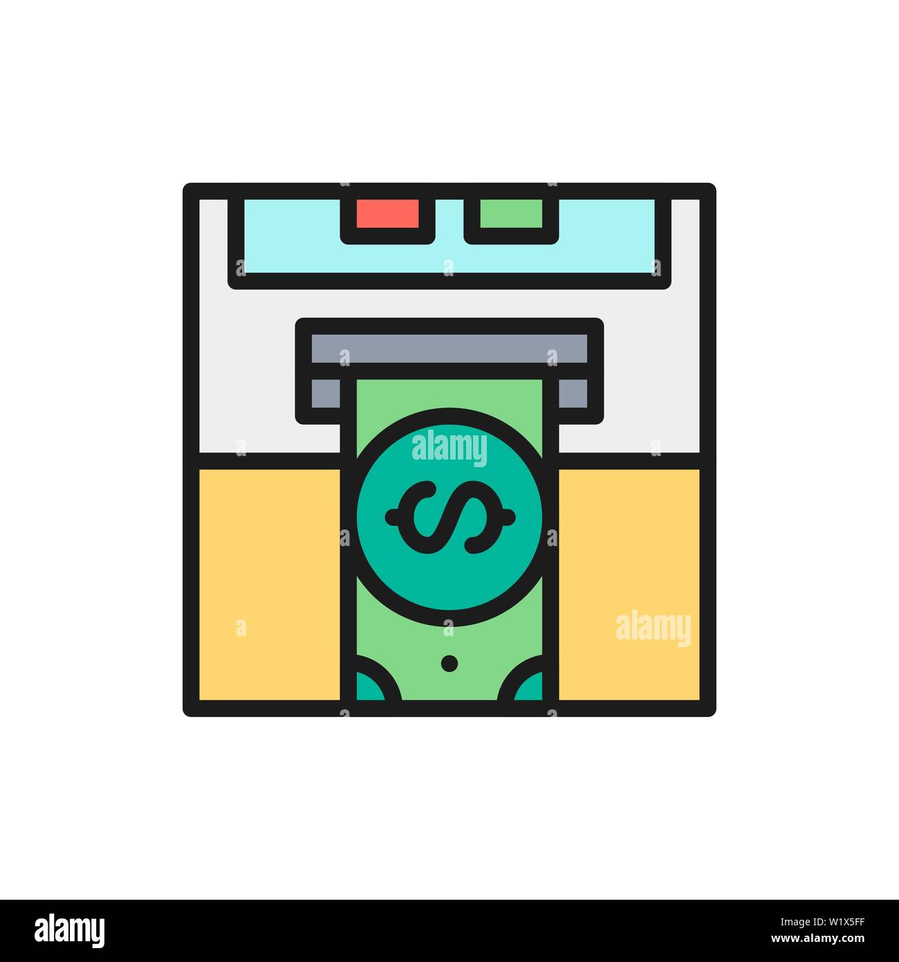 Vector insert credit card, bank ATM, cash dispenser flat color line ...