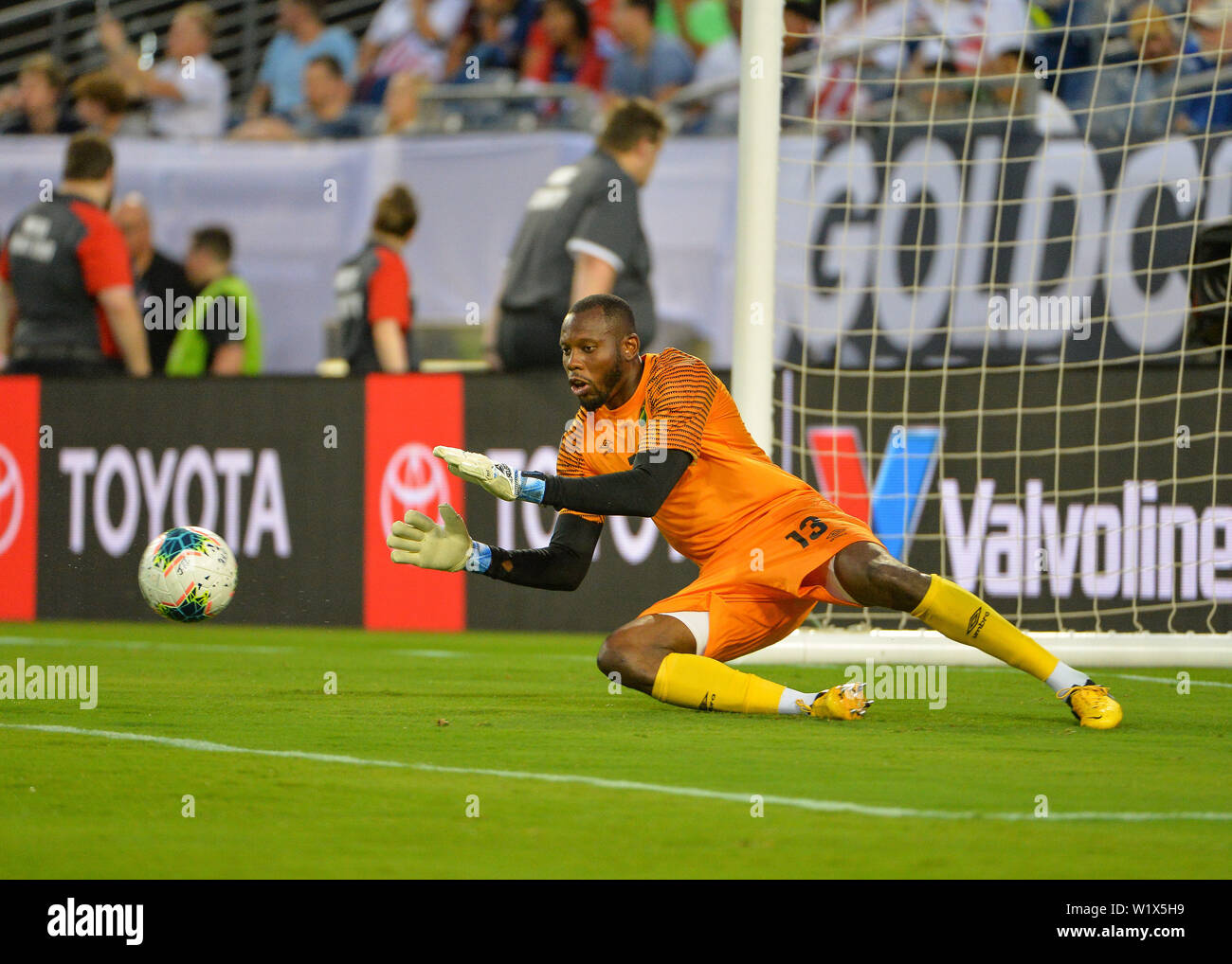 Nashville, TN, USA. 03rd July, 2019. Jamaica goalkeeper, Dwayne Miller ...