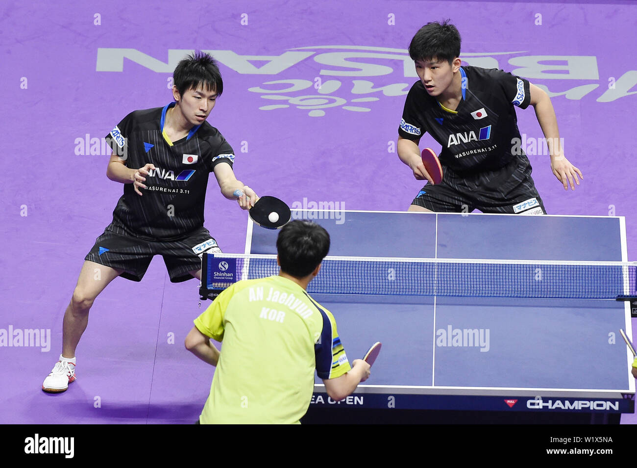 Busan, South Korea. 4th July, 2019. Koki Niwa (JPN), Tomokazu Harimoto (JPN) Table Tennis : The ...