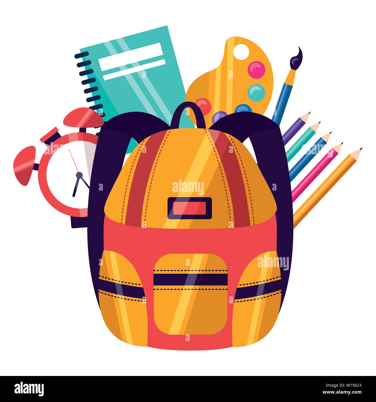School backpack stationery alarm Cut Out Stock Images & Pictures - Alamy