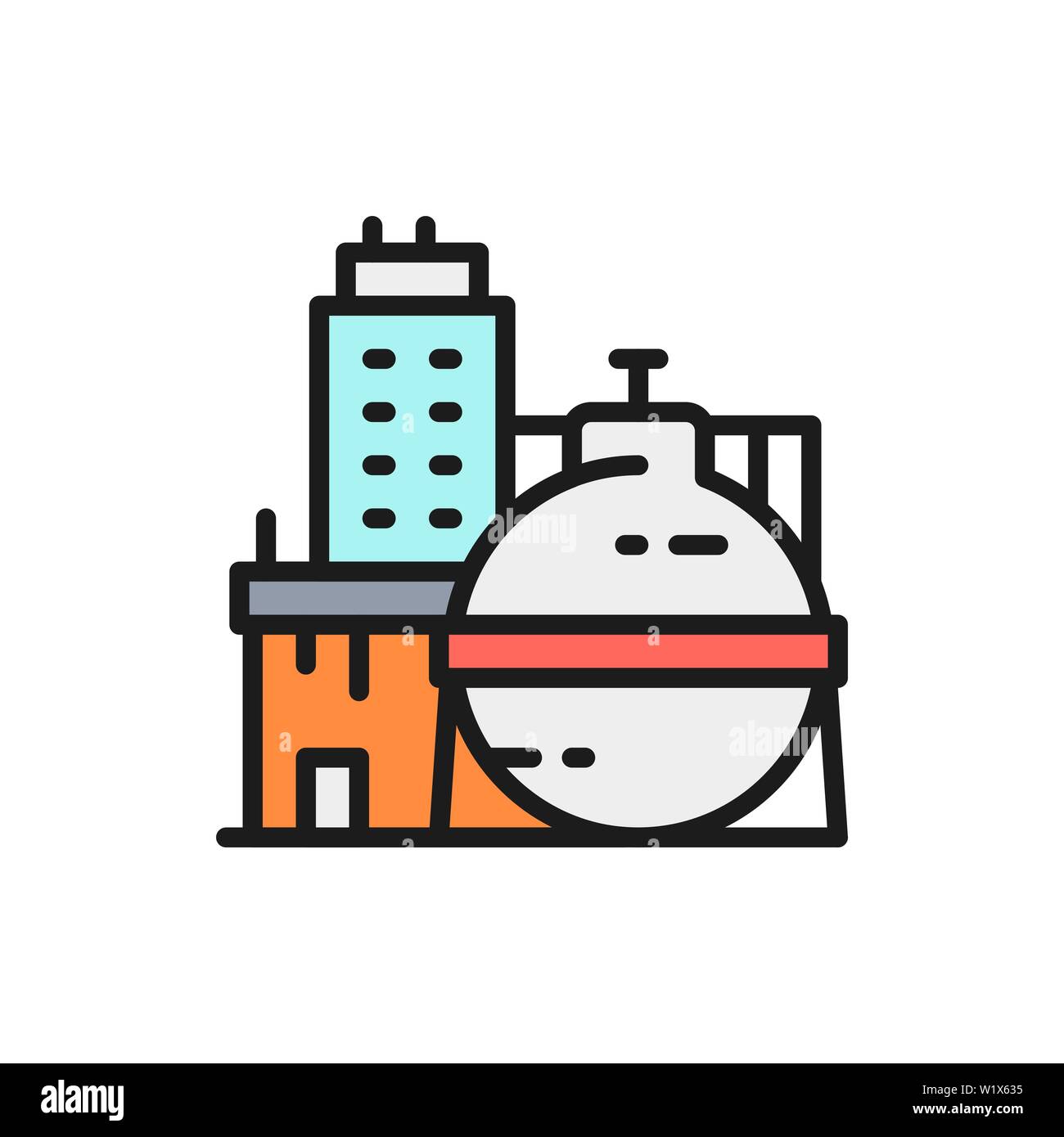 Vector oil factory, chemical plant, industrial building flat color line ...