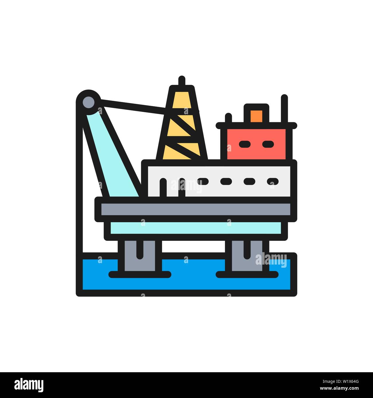Vector oil platform in sea, fuel rig, pumping station flat color line ...