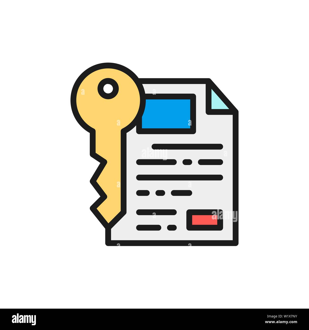 Vector document with key, certificate, safe paper flat color line icon ...
