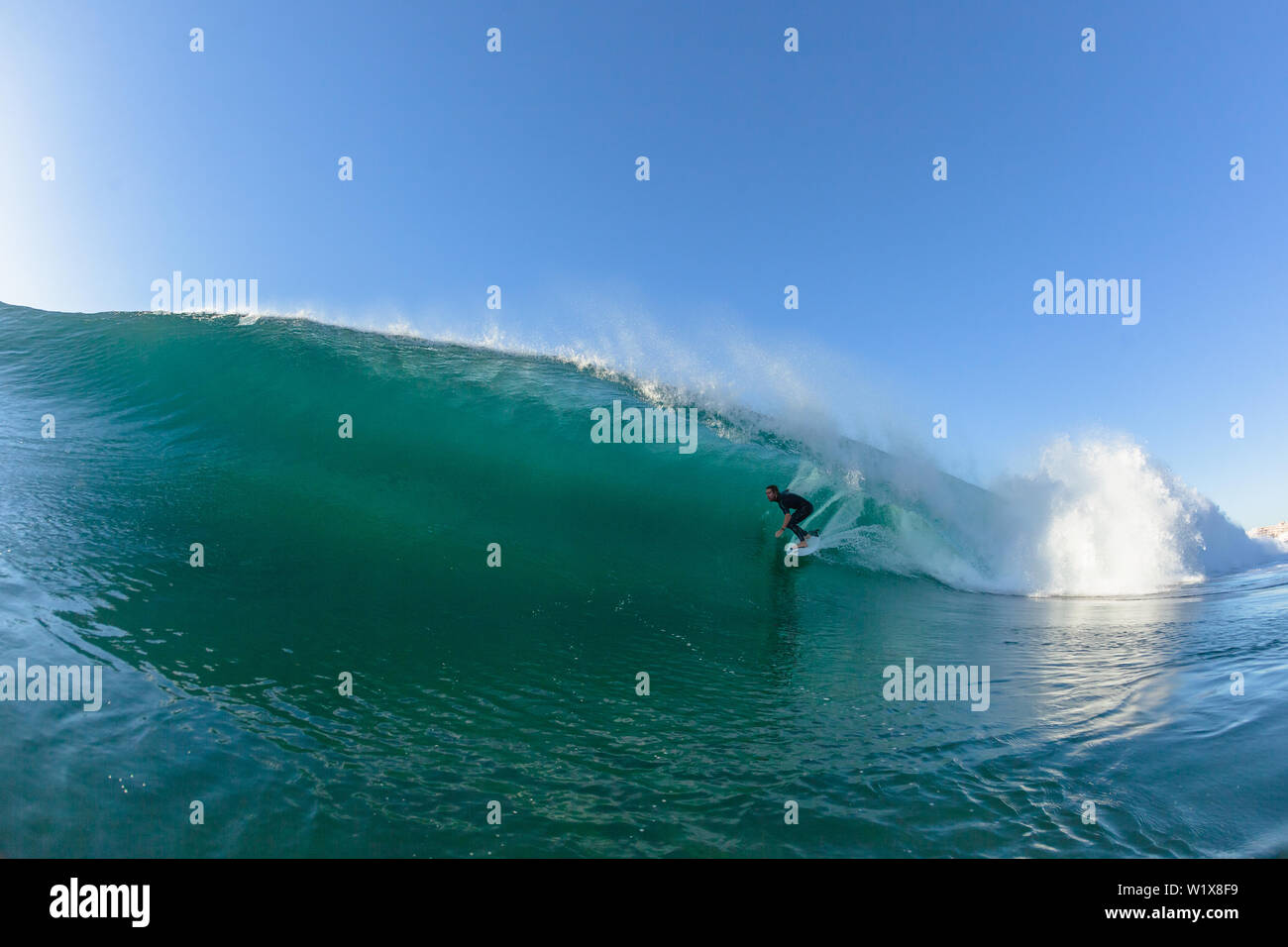 Surfing surfer Michael Dunphy tube rides hollow ocean wave closeup ...