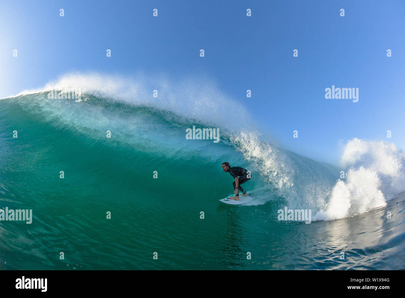 Surfing surfer Michael Dunphy tube rides hollow ocean wave closeup ...