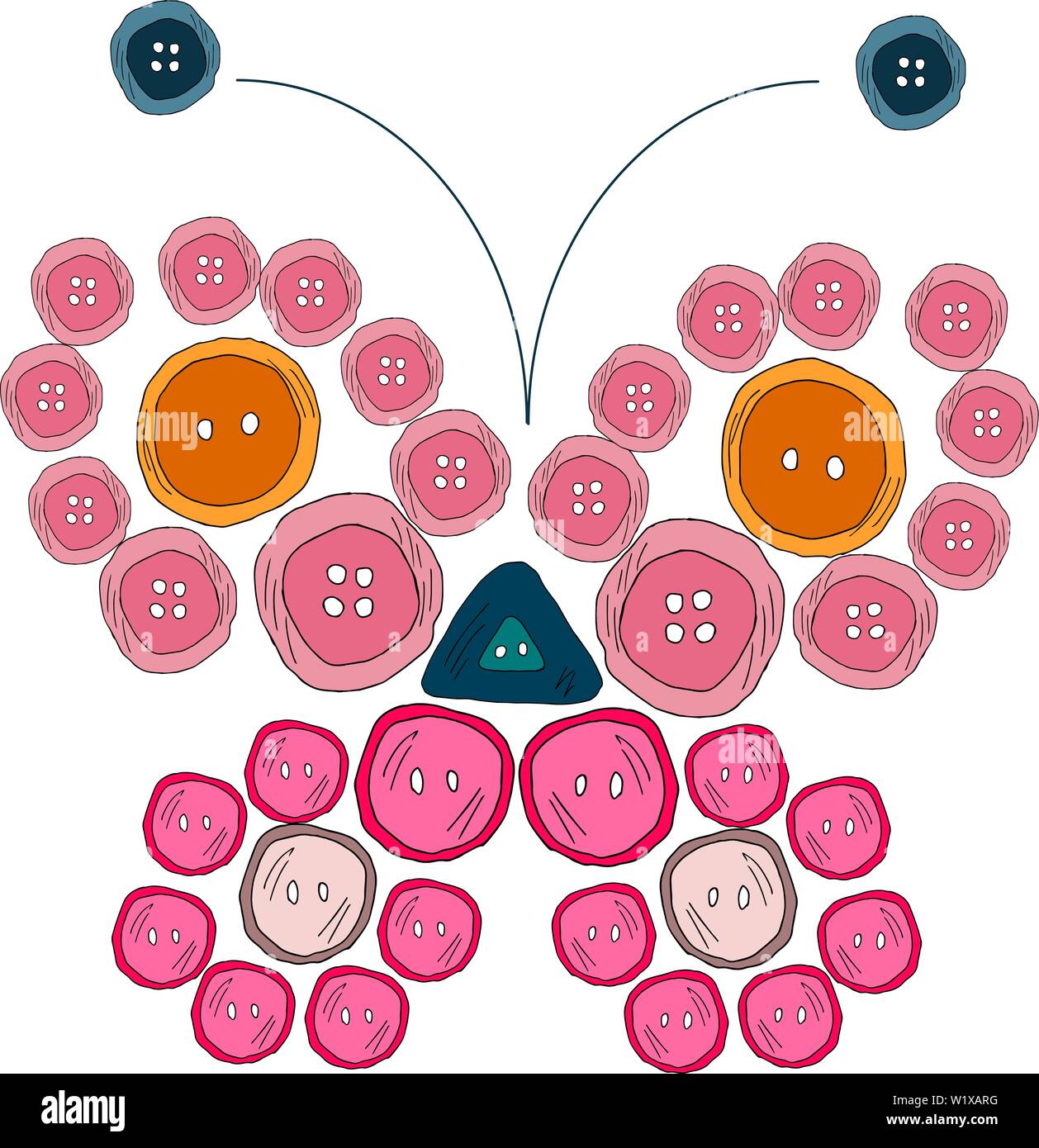 Butterfly made of buttons. Doodle hand drawn illustration vector Stock ...