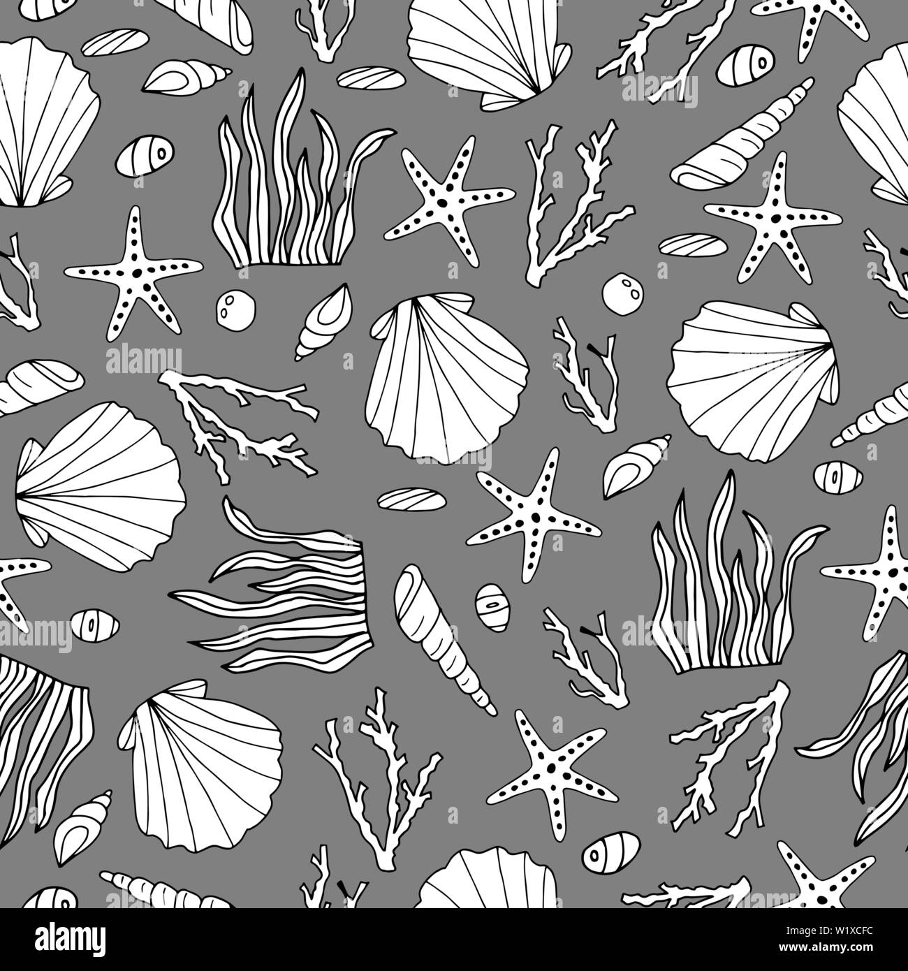 Zentangle stylized seashell and other sea inhabitants seamless pattern ...