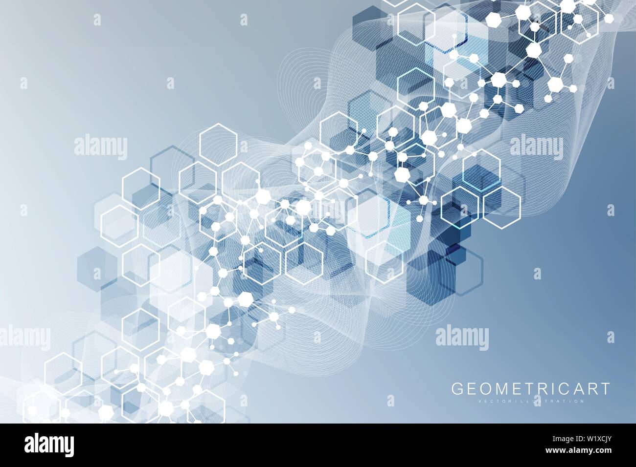 Science network pattern, connecting lines and dots. Technology hexagons structure or molecular ...