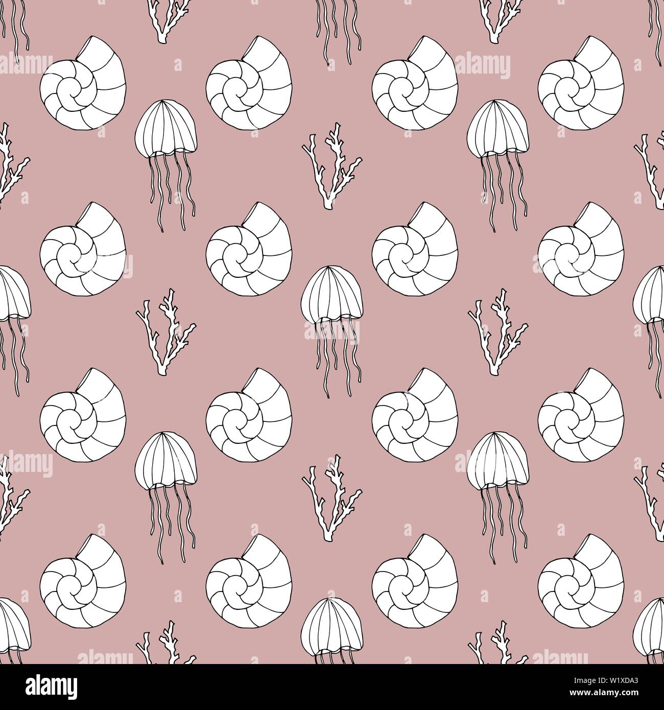 Zentangle stylized seashell and other sea inhabitants seamless pattern ...