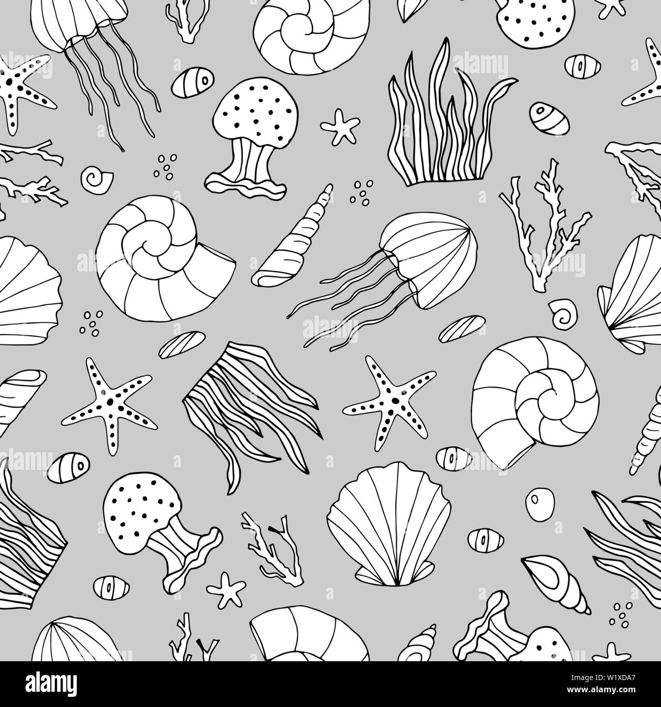 Zentangle stylized seashell and other sea inhabitants seamless pattern ...