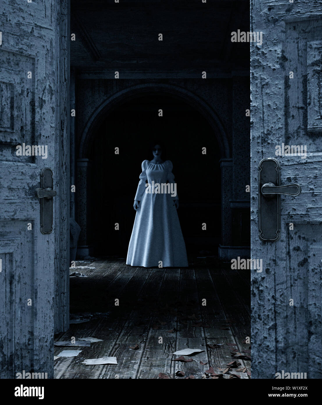 3d illustration of ghost woman in haunted house Stock Photo - Alamy