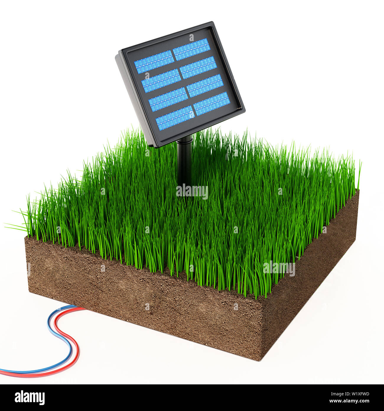 Compact garden solar panel on soil covered with grass. 3D illustration ...