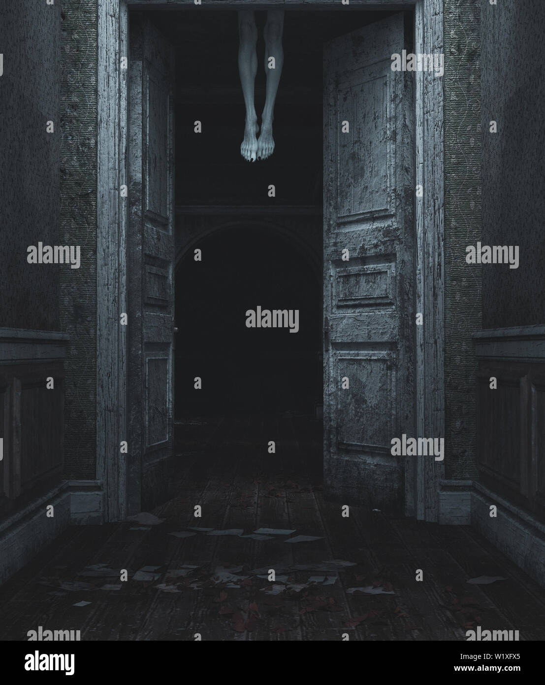 Devil's legs,3d illustration of dead body's legs hang from the ceiling ...