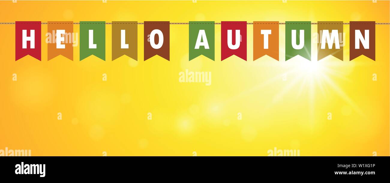 hello autumn party flags banner on yellow sunny background vector ...