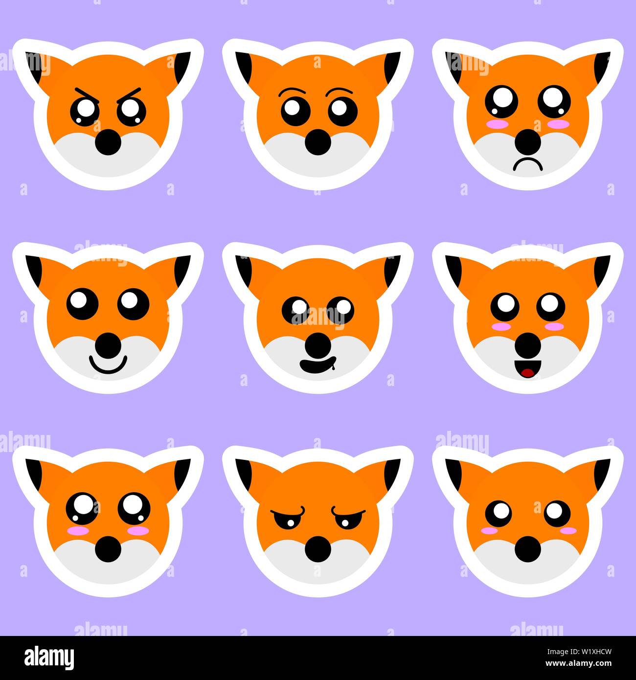 Set of fox stickers. Different emotions, expressions. Sticker in anime ...