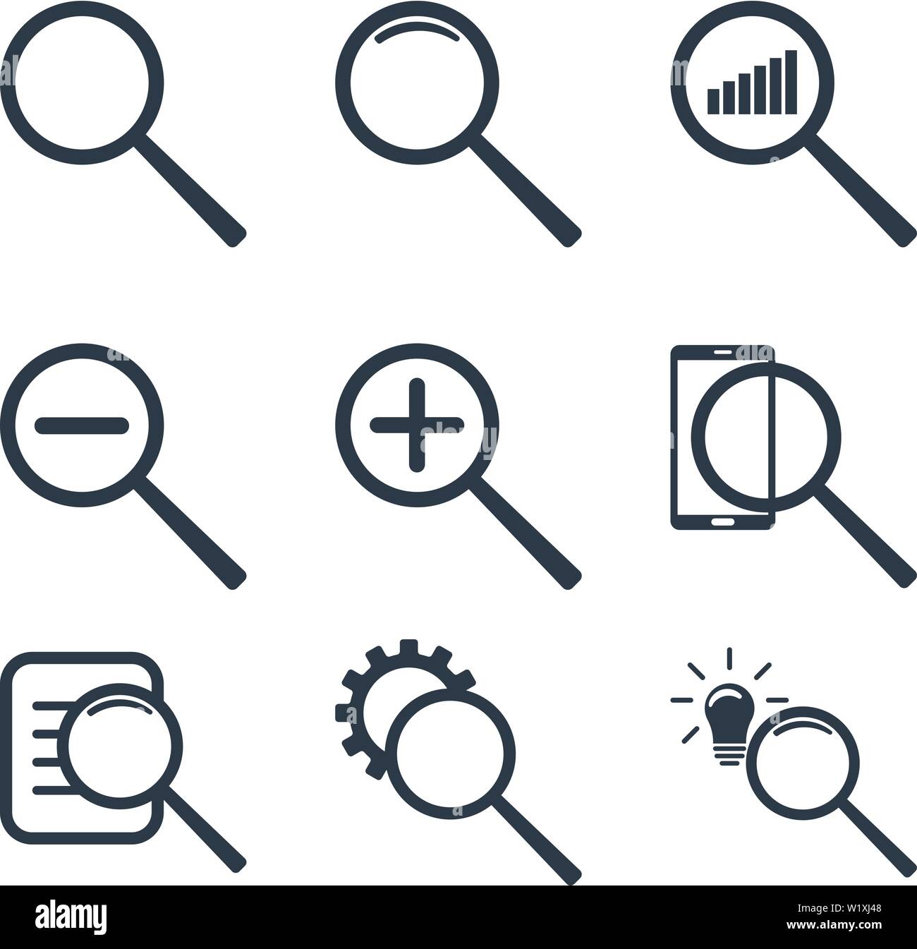 Set of different magnifier icons. Zoom, statistic, search information, find idea. Vector ...