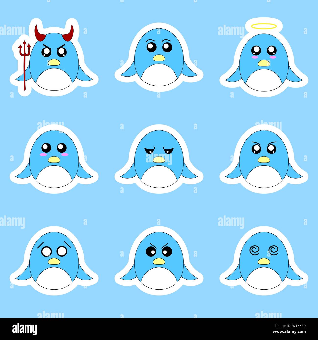 Set of penguin stickers. Different emotions, expressions. Sticker in ...