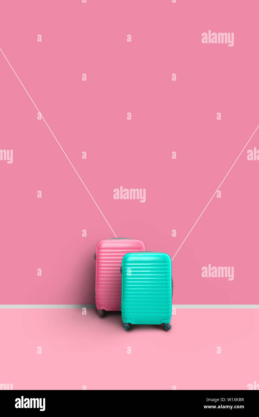 Colorful set of suitcases on pastel colors on pastel background ...