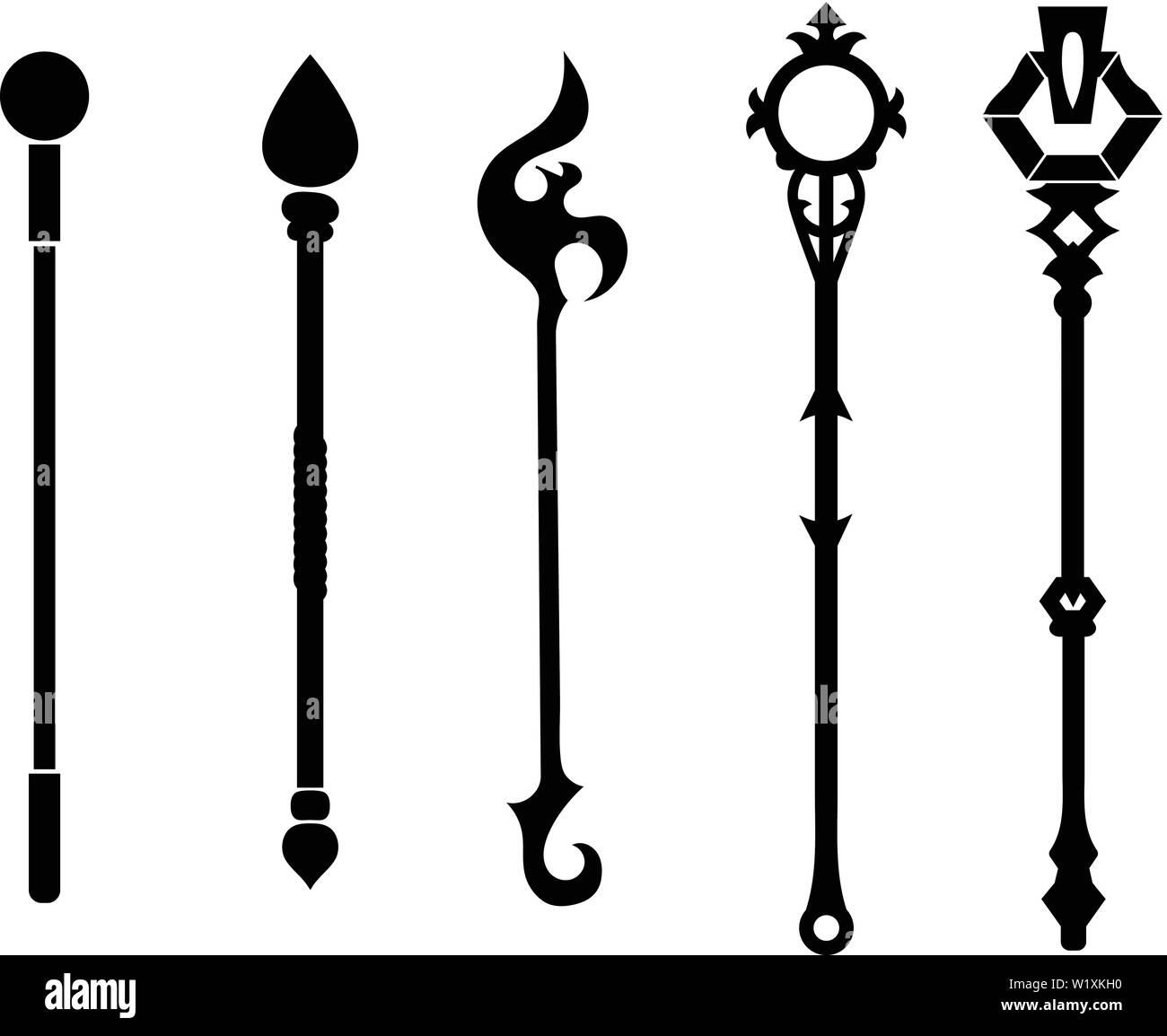 Set of Black Silhouette Staff Icons isolated on white background. Magic ...