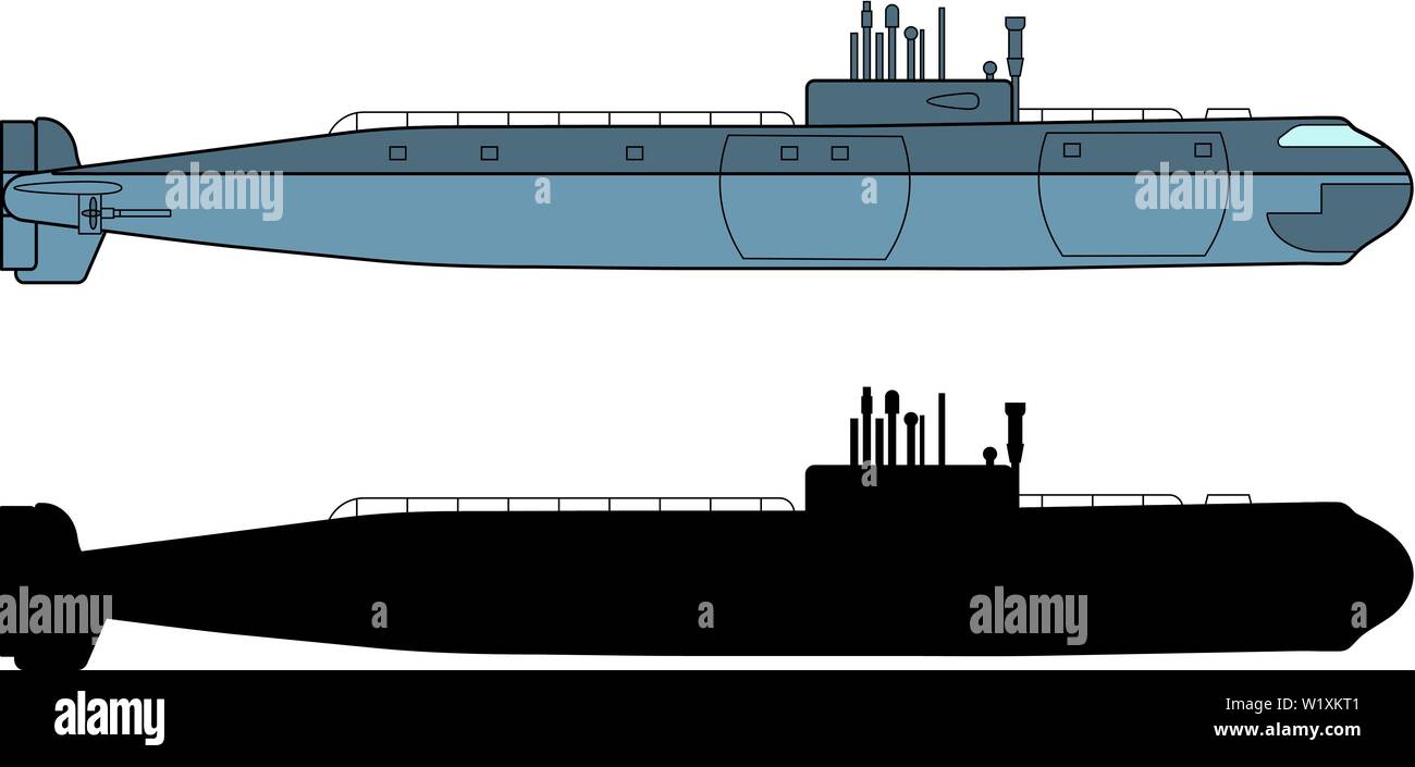 Detailed Submarine and Black Silhouette. Side view. Warship in ...