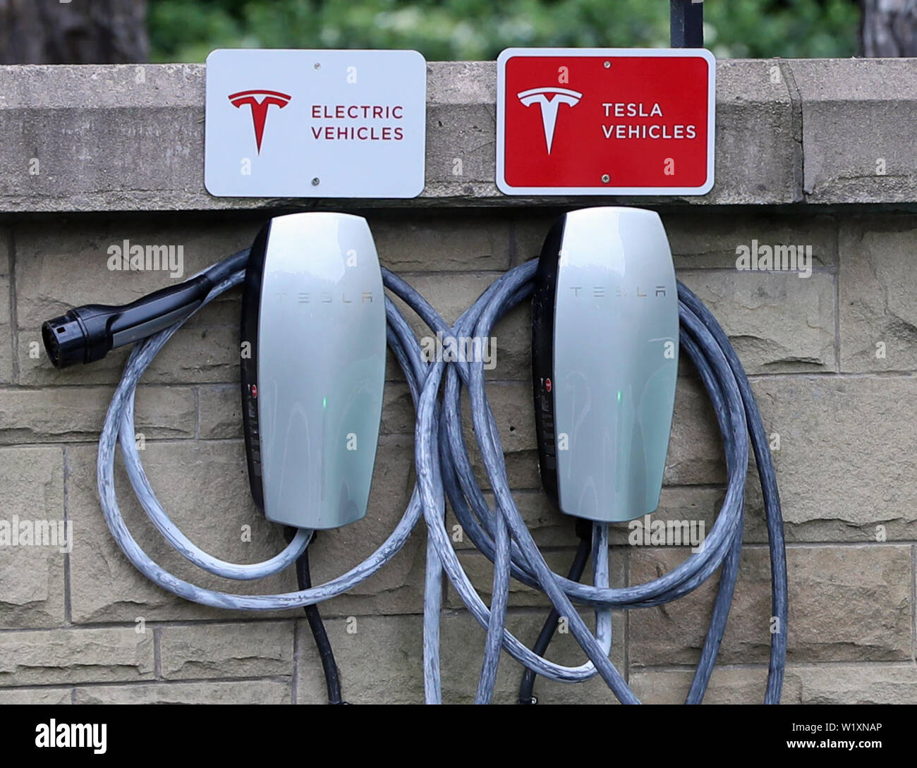 A general view of a Tesla electric car charging station in Belfast ...