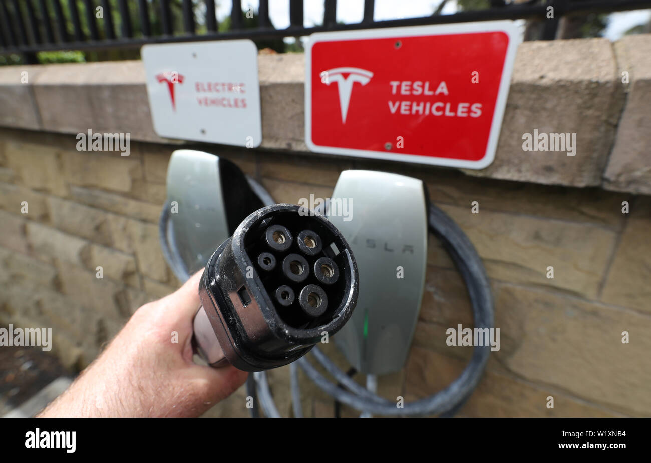 A general view of a Tesla electric car charging station in Belfast ...