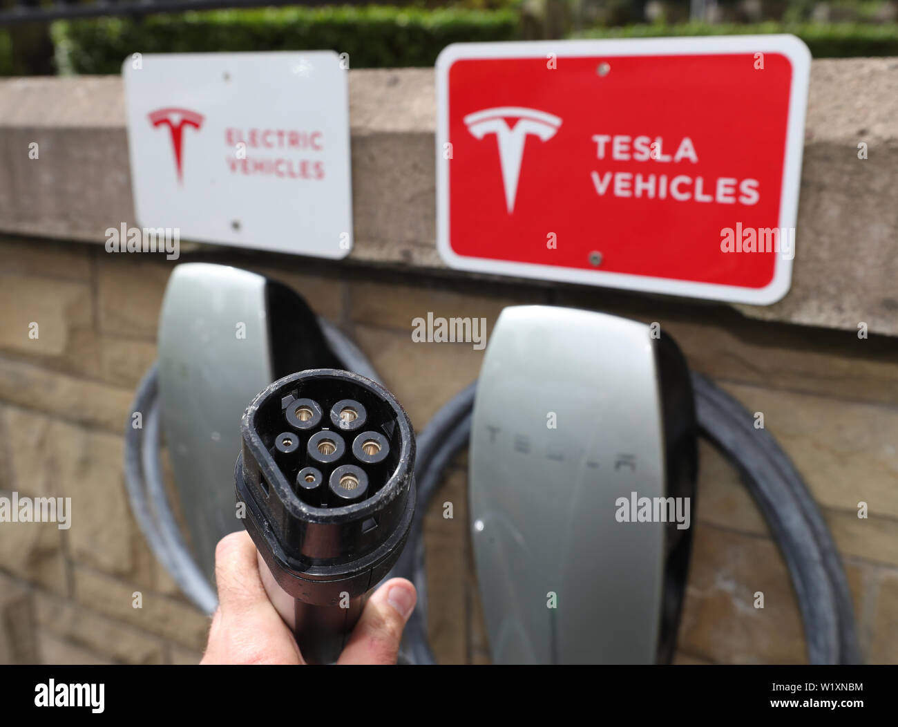 A general view of a Tesla electric car charging station in Belfast ...