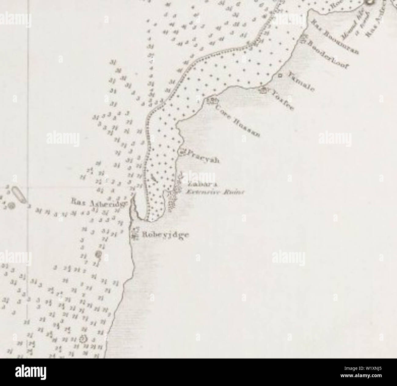 An 1824 map denoting "extensive ruins" in Zubarah Stock Photo - Alamy