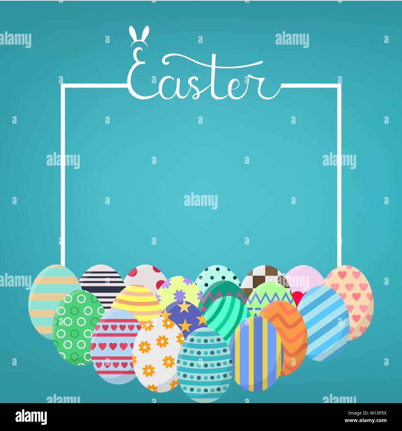 Vector Square Template with Lettering and Different Eggs on blue ...