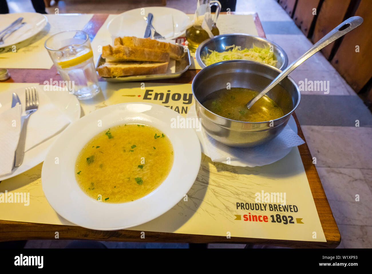 Fish soup, bread and salat, Buffet Fife, Split, Dalmatia, Croatia Stock ...