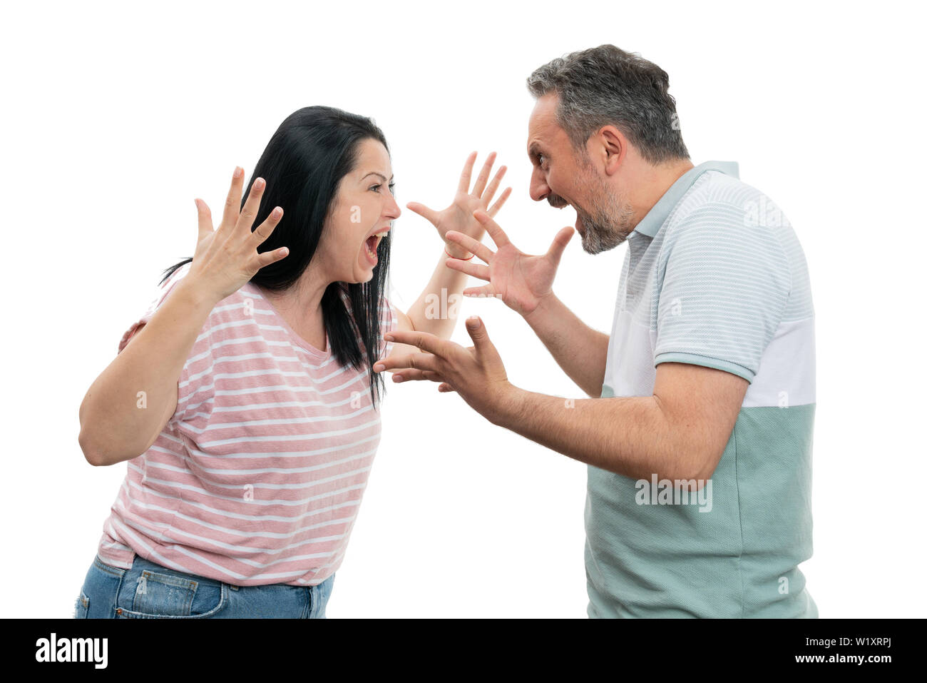 Angry man and woman fighting making gestures with palms as couple ...