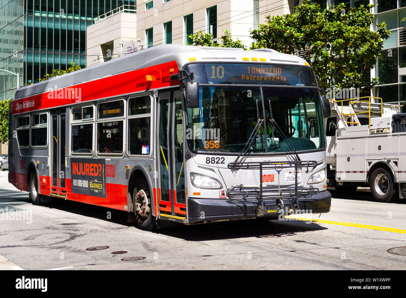 June 30, 2019 San Francisco / CA / USA - Muni bus travelling towards downtown San Francisco; The ...