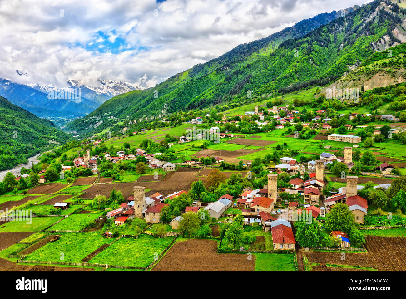 Aerial view of Mestia with typical tower houses. Upper Svaneti, Georgia ...