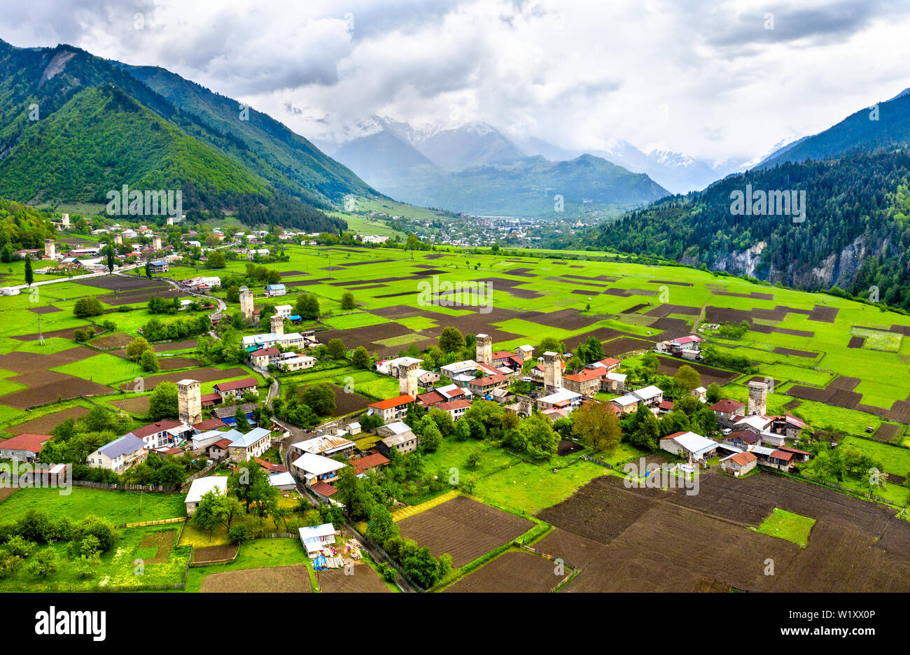 Aerial view of Mestia with typical tower houses. Upper Svaneti, Georgia ...