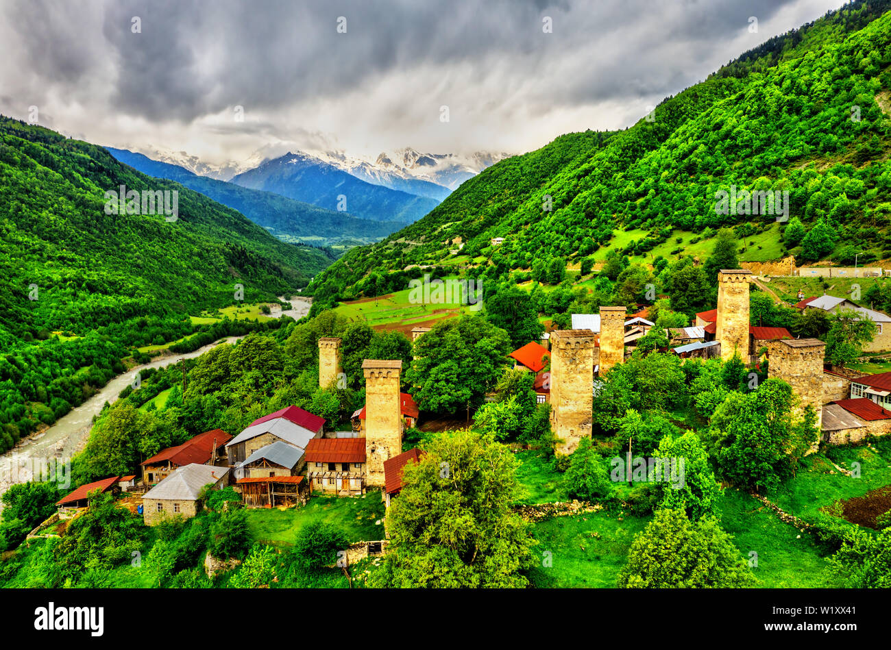 Aerial view of Mestia with typical tower houses. Upper Svaneti, Georgia ...