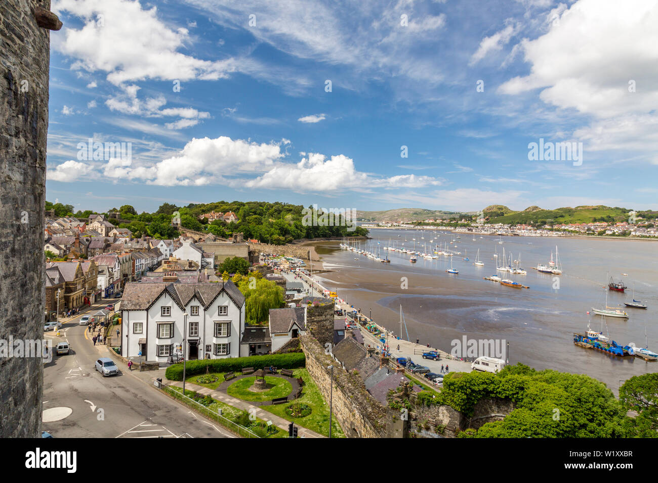 The town of Conwy and the River Conwy viewed from ruins of Conwy Castle ...