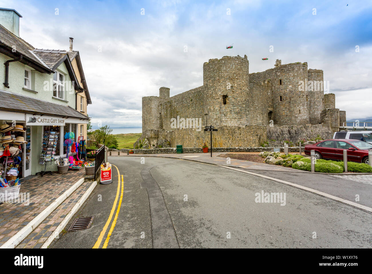 The Castle Gift Shop looks out at the actual castle in Harlech, Gwynedd ...