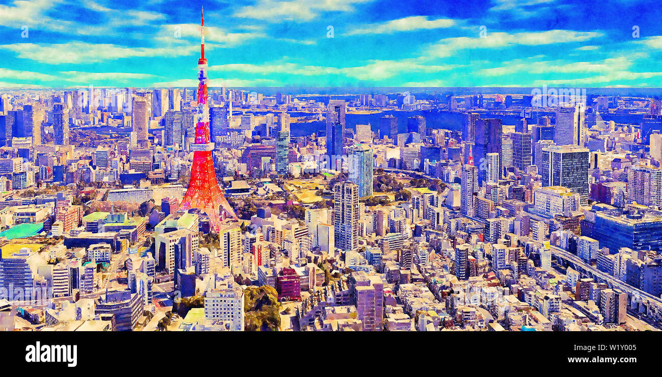 Colorful watercolor hand-painted art illustration : panoramic cityscape ...