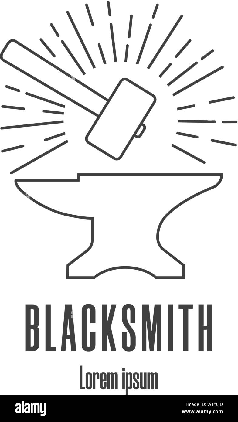 Line style icon of a hammer and anvil. Blacksmith, repair logo. Clean ...