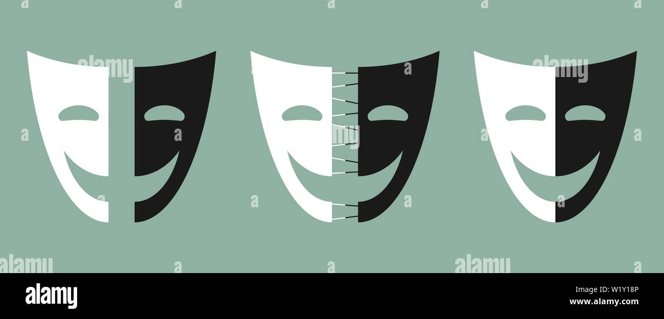 Theatrical mask icon. Two parties of mask. The process of the struggle ...