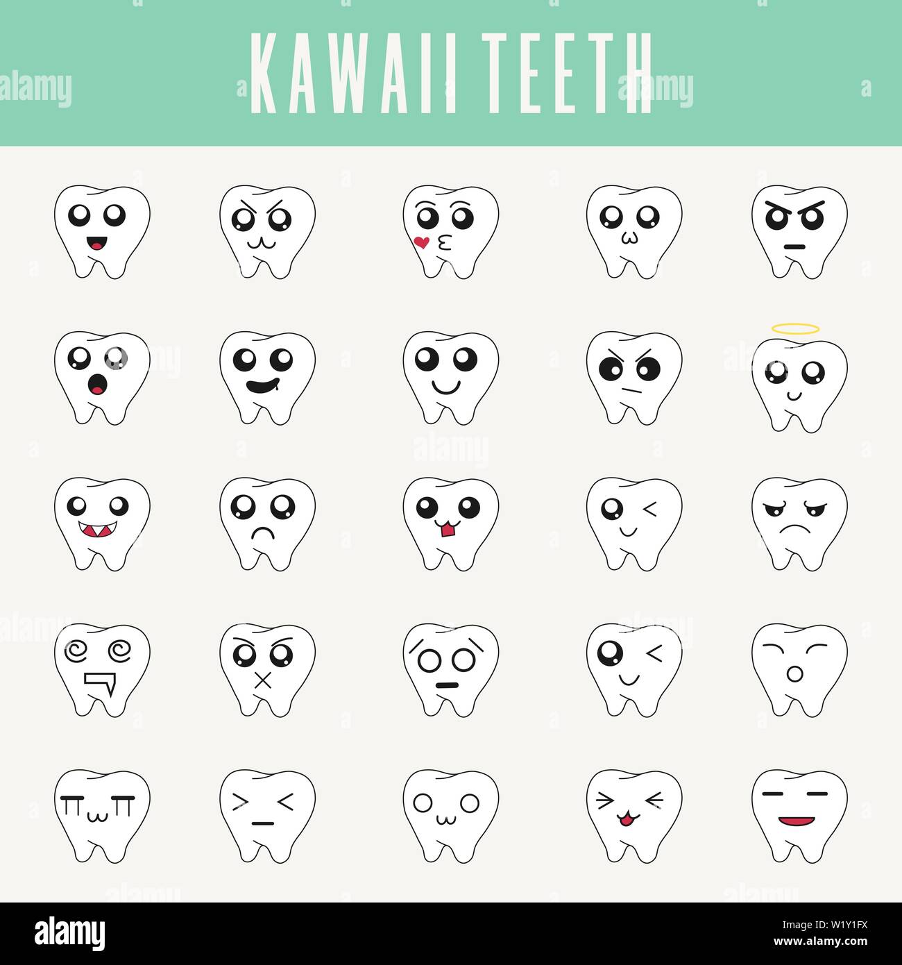Cute little teeth in kawaii style. Set of emoticons, emoji icons. Clean ...