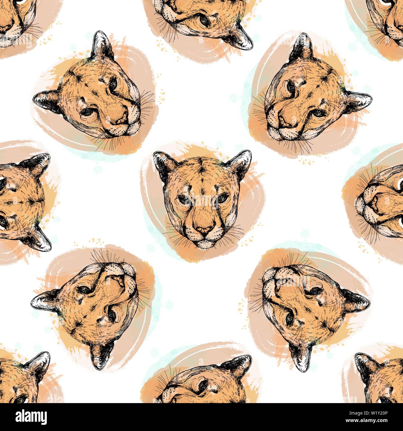 Seamless pattern of hand drawn sketch style portraits of puma isolated ...
