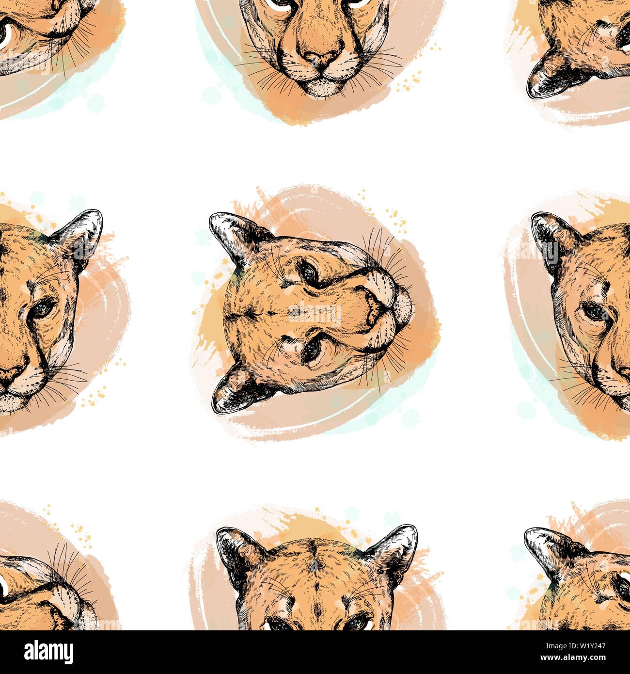Seamless pattern of hand drawn sketch style portraits of puma isolated ...