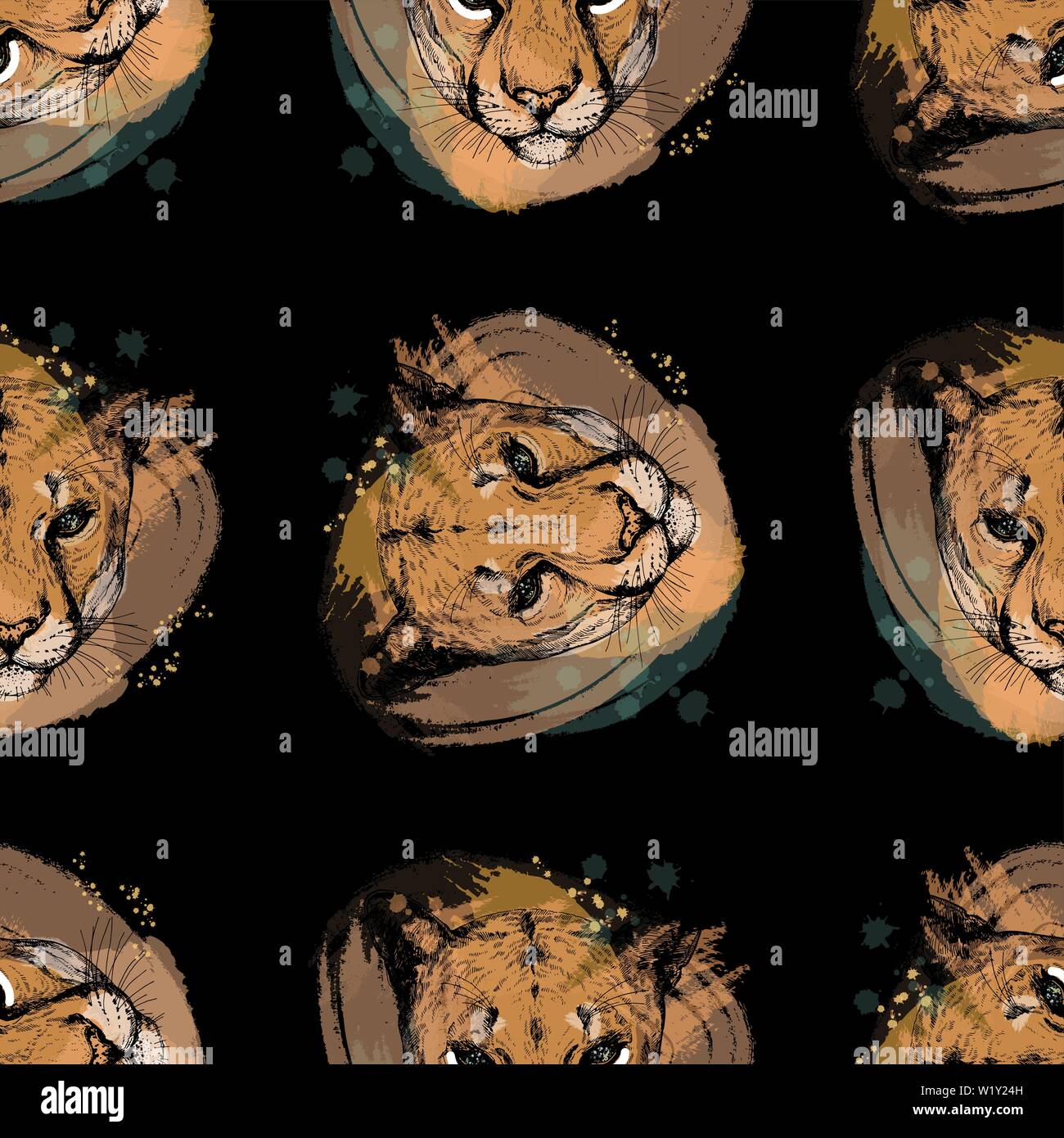 Seamless pattern of hand drawn sketch style portraits of puma isolated ...